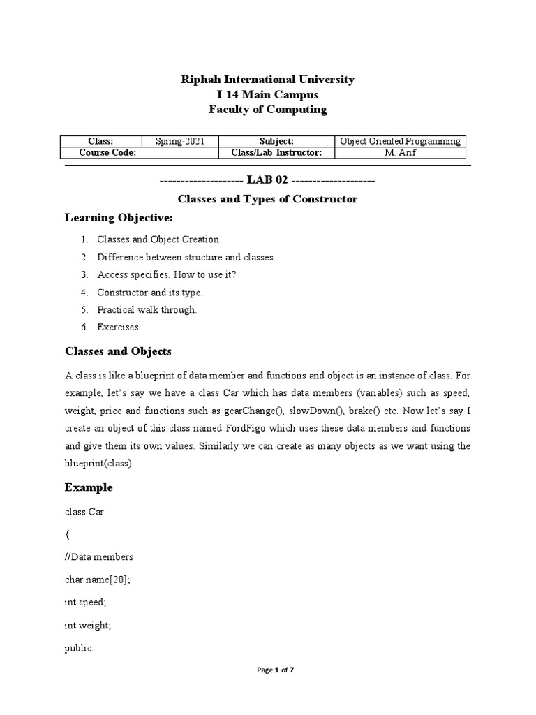 Riphah University Oop Lab On Constructors Pdf Class Computer Programming Constructor