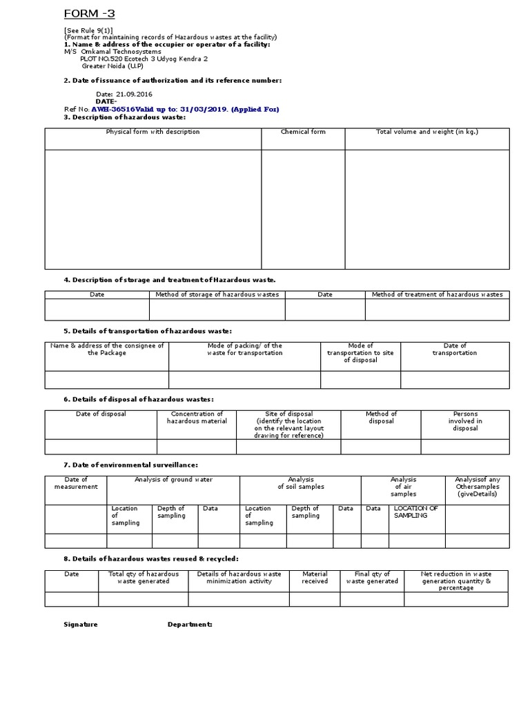 FORM 3 Blank M | PDF | Waste Management | Hazardous Waste