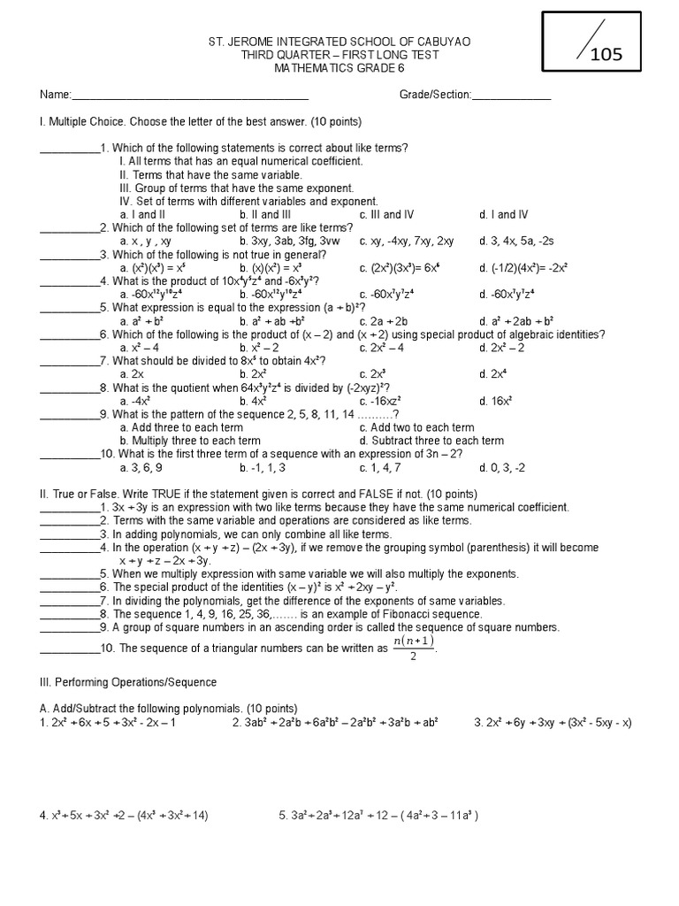 Math 6 - Third Quarter 1st Long Test | PDF | Polynomial | Multiple Choice
