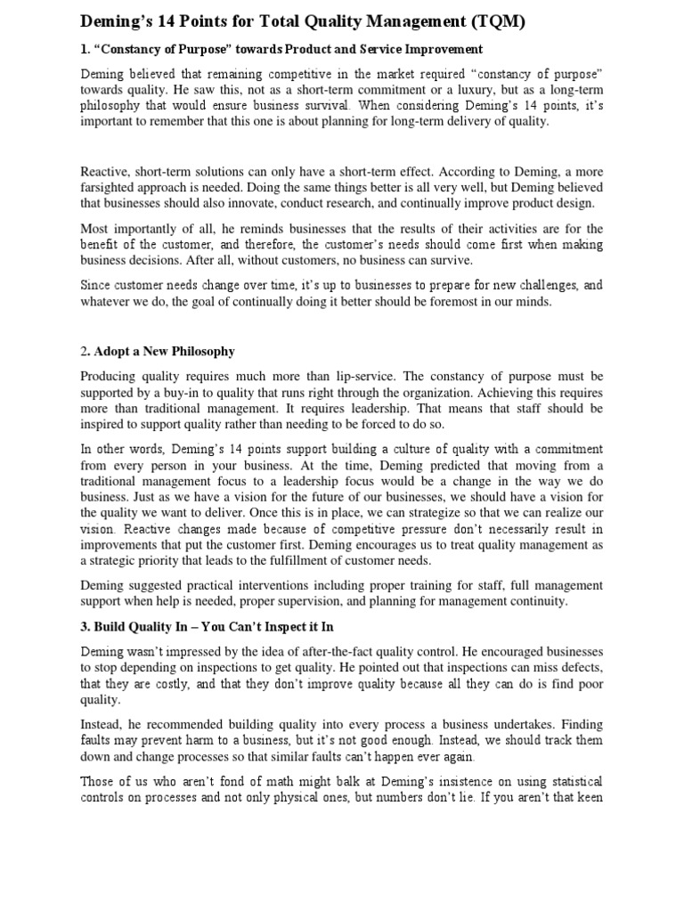 Deming's 14 Points For Total Quality Management (TQM) | Download Free ...