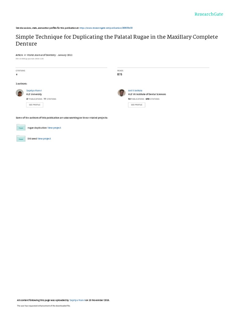 Simple Technique For Duplicating The Palatal Rugae | PDF | Dentures ...