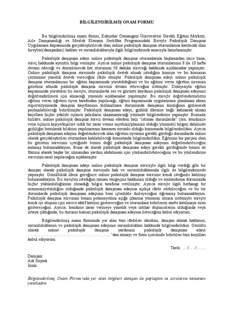 BİLGİLENDİRİLMİŞ ONAM FORMU - 1. Grup | PDF