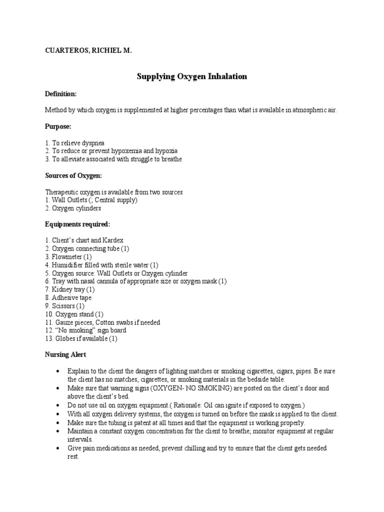 Oxygen Inhalation Procedure Guide | PDF | Oxygen | Breathing