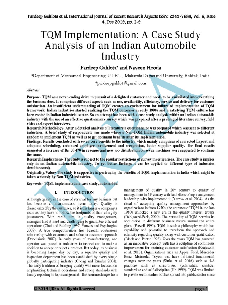 TQM Implementation: A Case Study Analysis of An Indian Automobile Industry | Download Free PDF ...