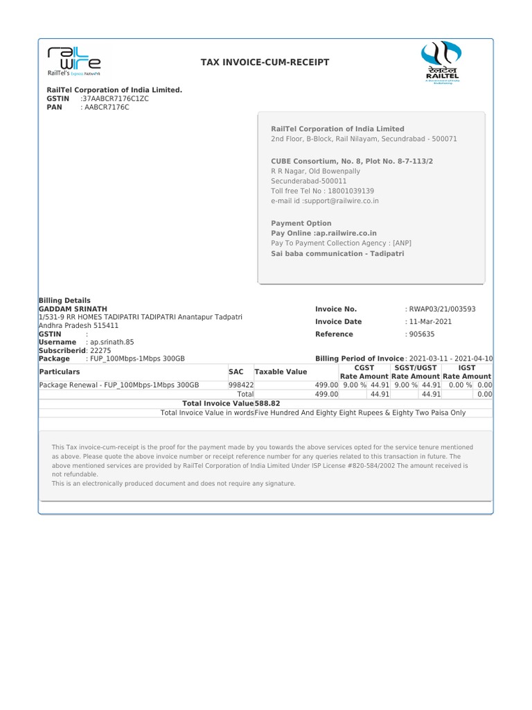 Bowenpally Invoice for RailTel Services | PDF | Invoice | Receipt