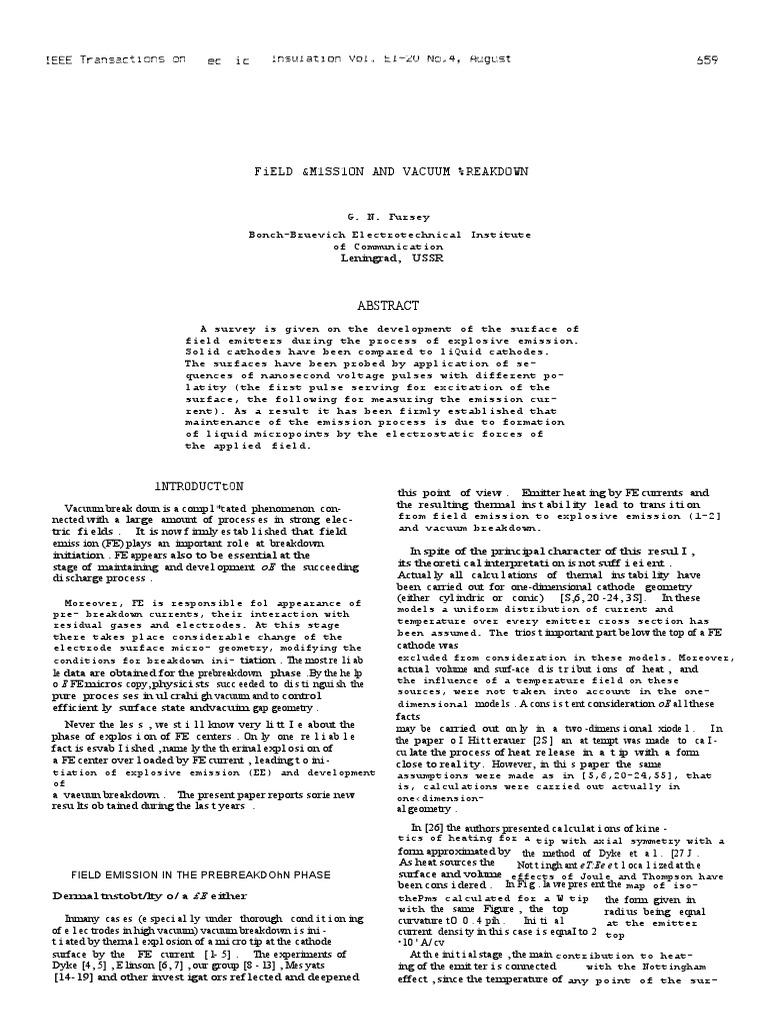 Field Emission and Vacuum Breakdown | PDF | Plasma (Physics) | Cathode