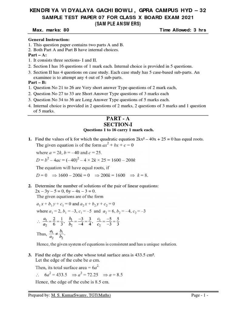 Maths Class X Sample Test Paper 07 For Board Exam 2020 21 Answers 2 ...