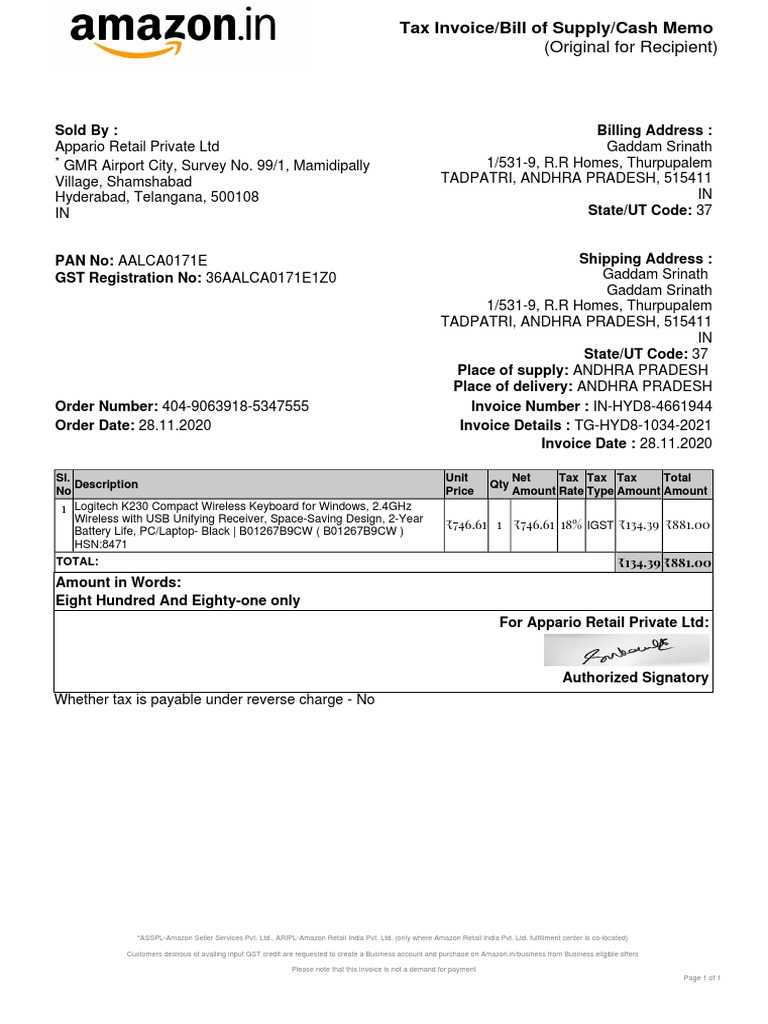 Tax Invoice/Bill of Supply/Cash Memo: (Original For Recipient) | PDF ...