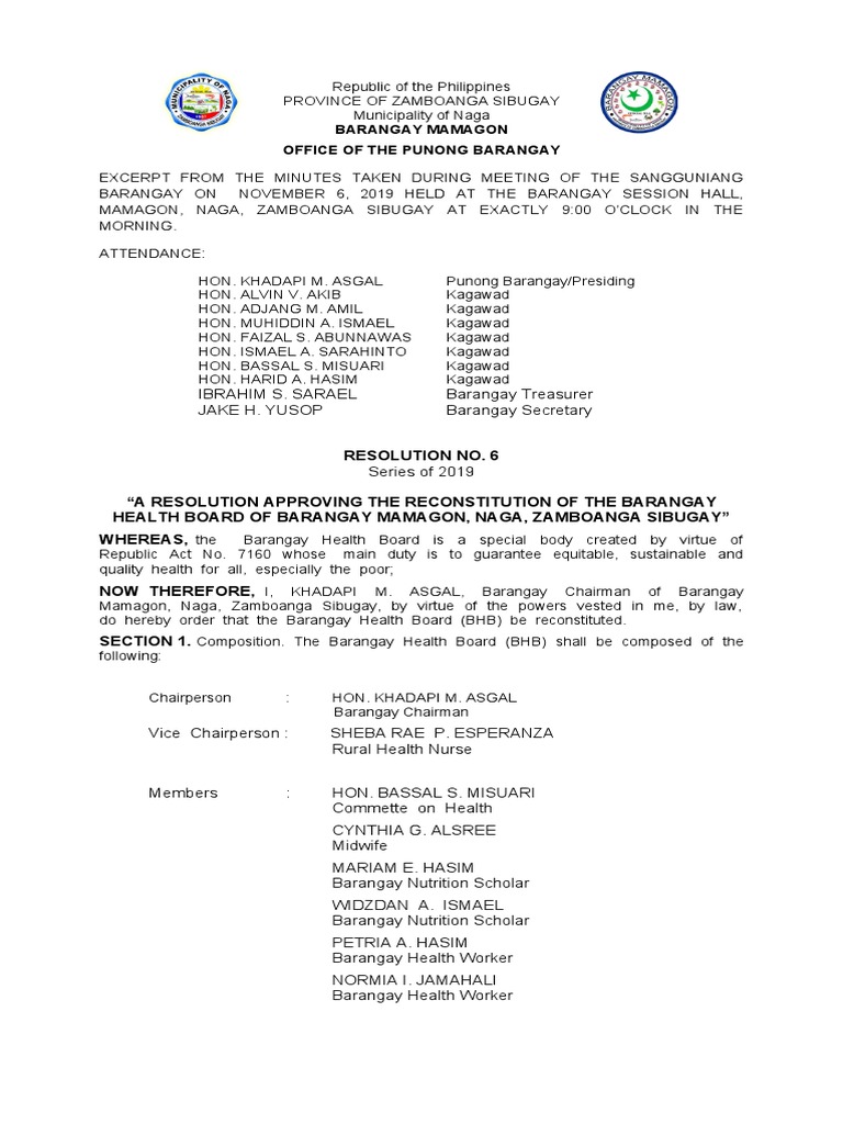 Barangay Health Board Resulotion | PDF | Constitutional Law | Government