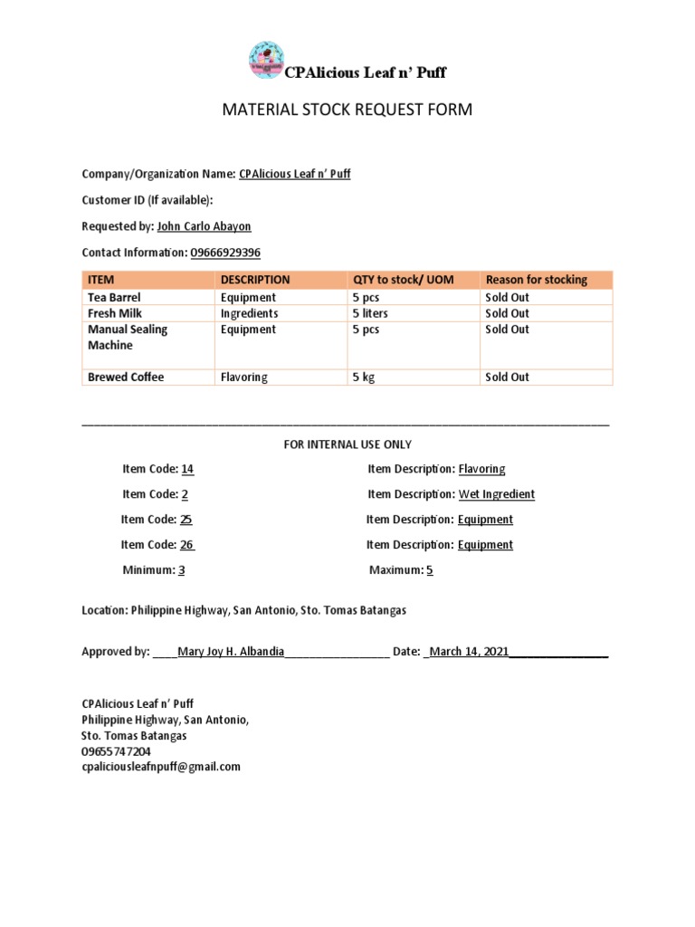 Material Stock Request Form | PDF