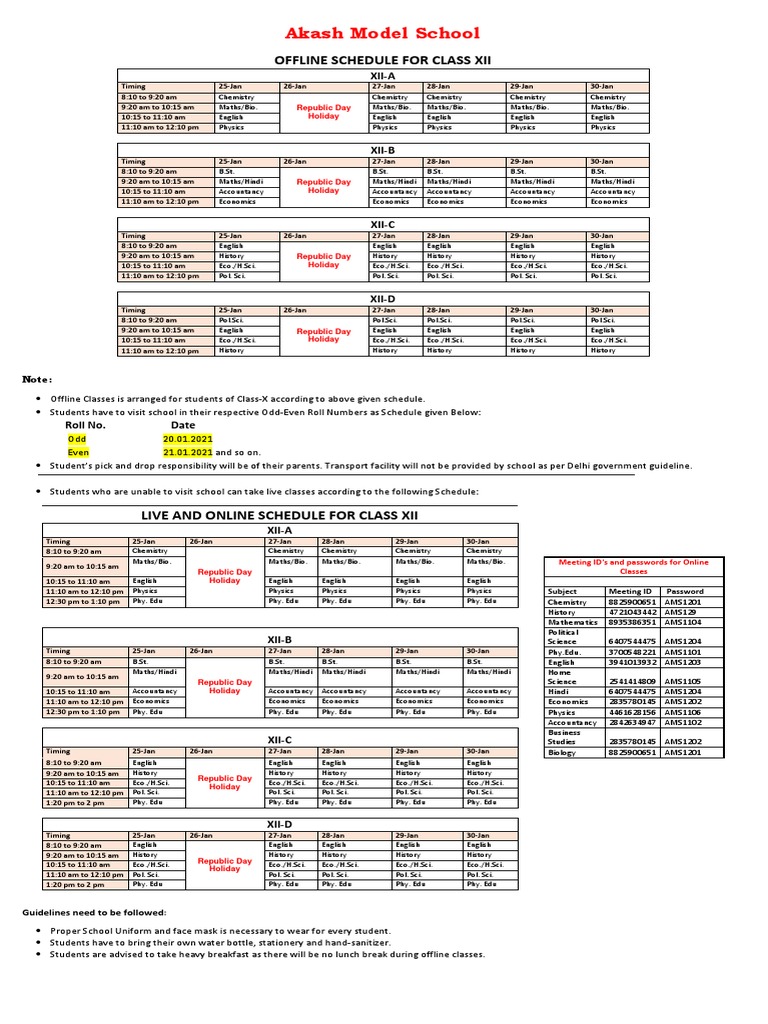Akash Model School: Offline Schedule For Class Xii | PDF | Science