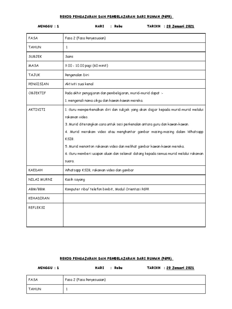 Contoh RPH PDPR Transisi 2021 | PDF