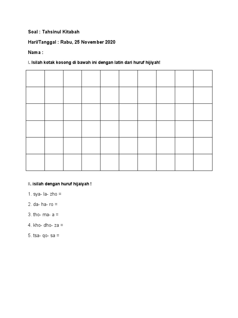 Soal Tahsinul Kitabah Anak TK | PDF | Ilmu Sosial | Seni & Disiplin Bahasa