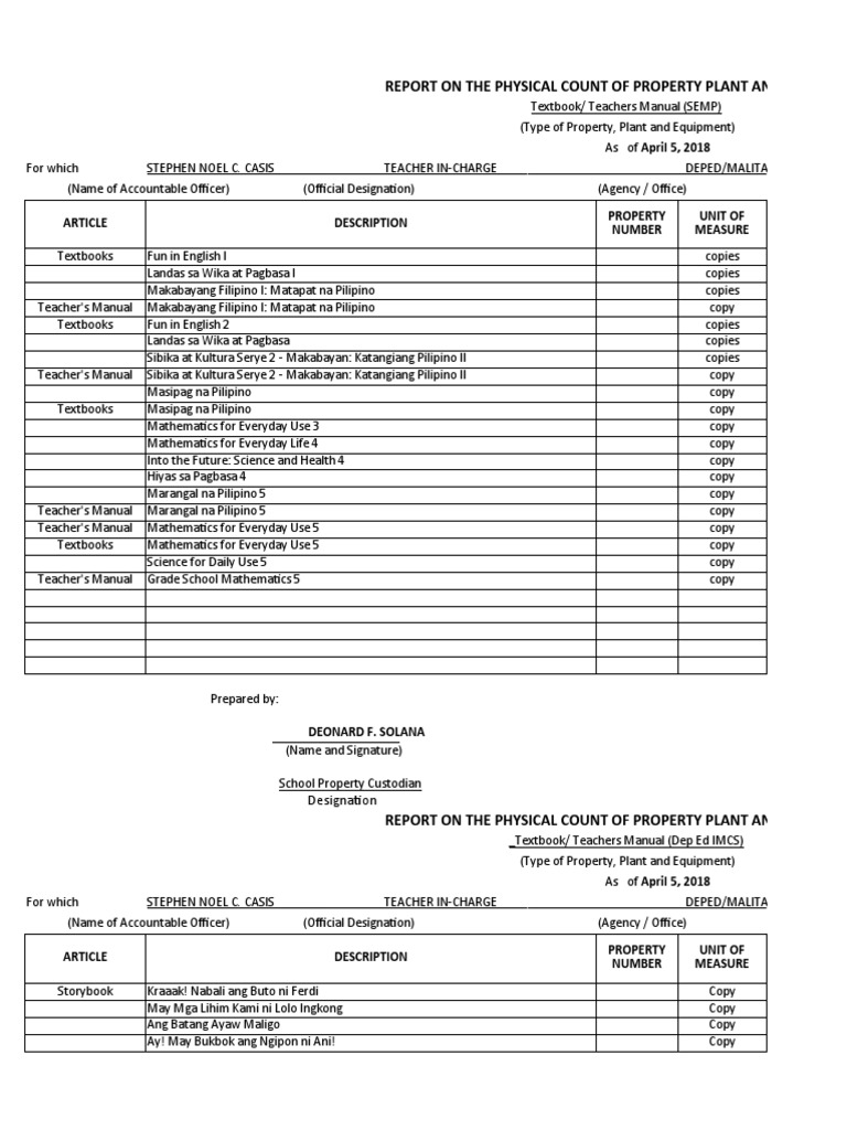 Report On The Physical Count of Property Plant and Equipment Inventory ...