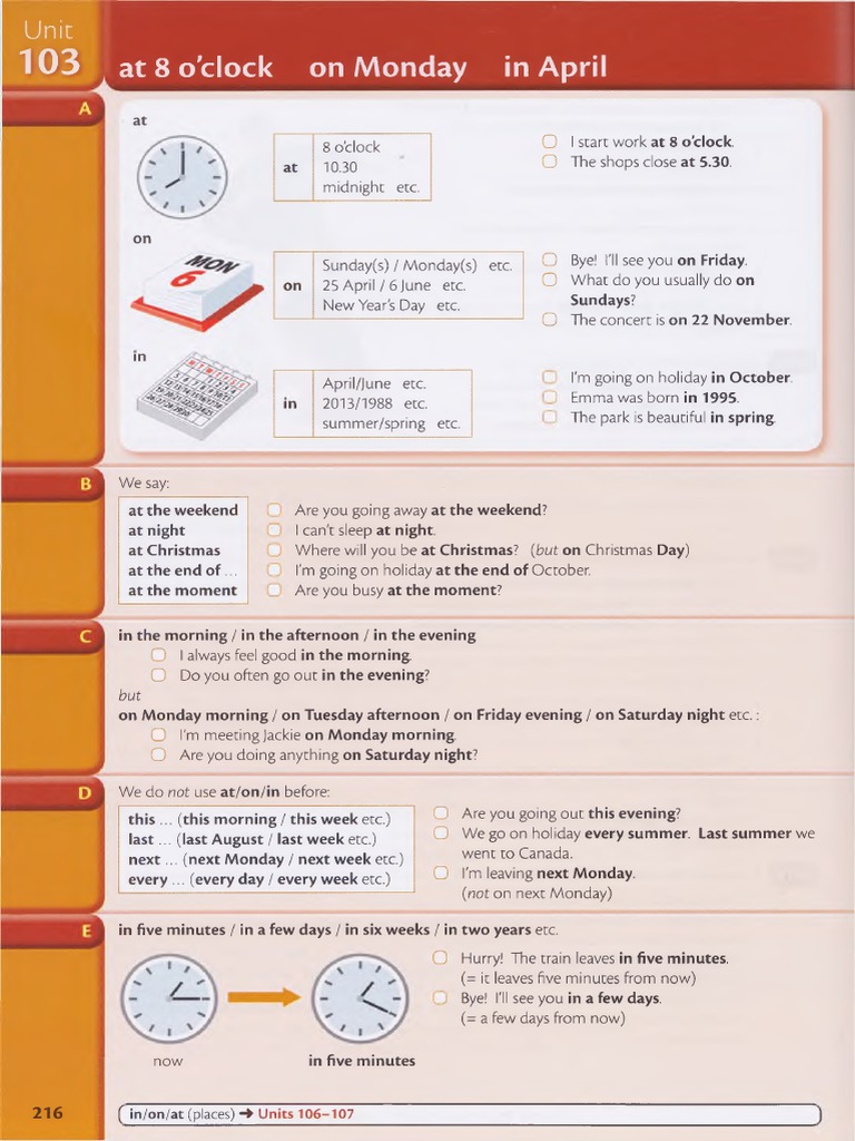 Unit 103 and 104 timing prepositions | PDF | Workweek And Weekend