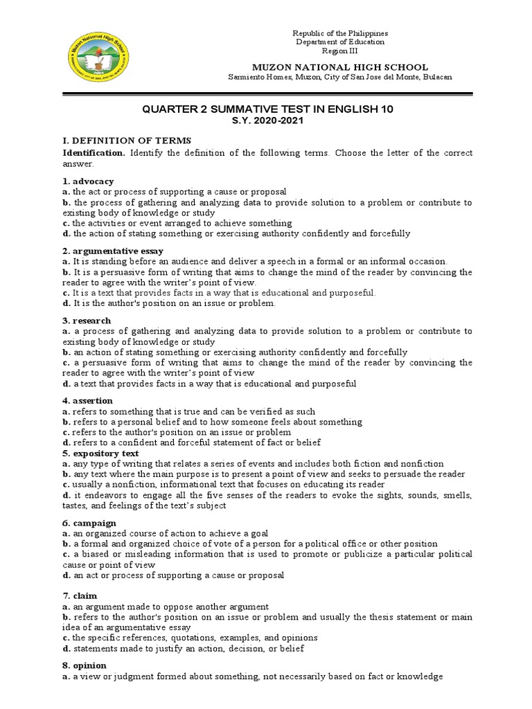 English 10 Quarter 2 Summative Test | PDF | Pheromone | Social Media