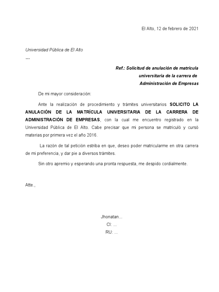 Solictud de Anulación de Matrícula | PDF