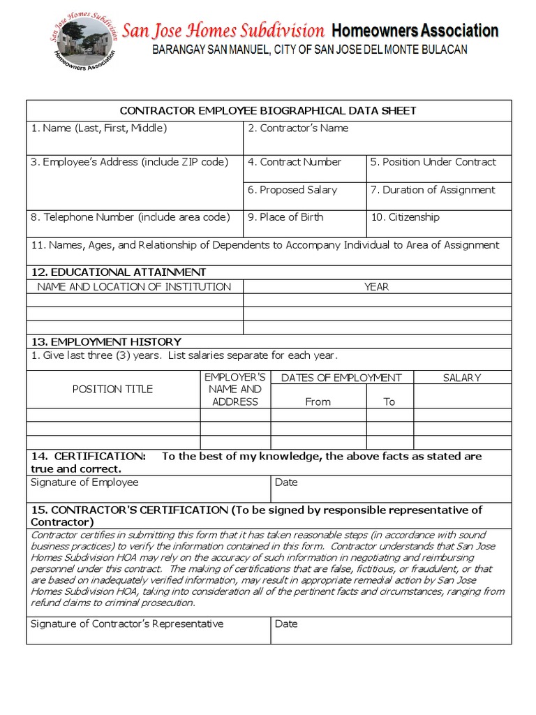 Contractor Employee Biographical Data Sheet | PDF