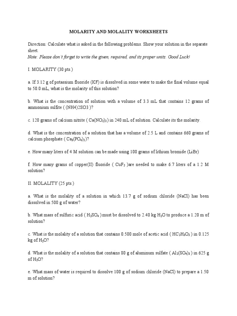 Molality and Molarity Worksheet | PDF