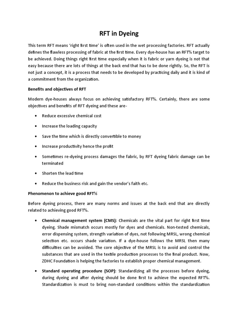 RFT in Dyeing: Benefits and Objectives of RFT | PDF | Six Sigma | Dyeing
