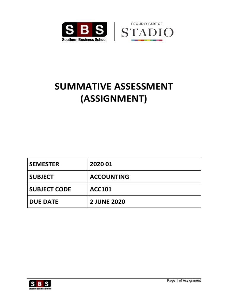 Summative Assessment (Assignment) : Semester 2020 01 Subject Accounting ...