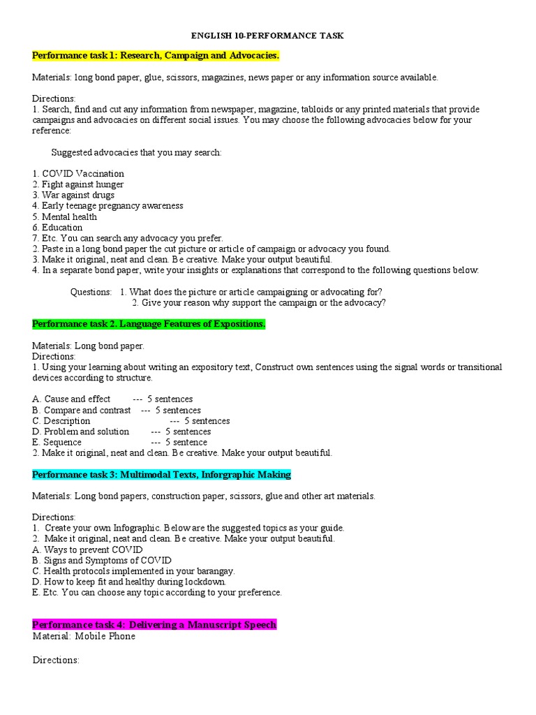 ENGLISH 10 - Performance Tasks | PDF