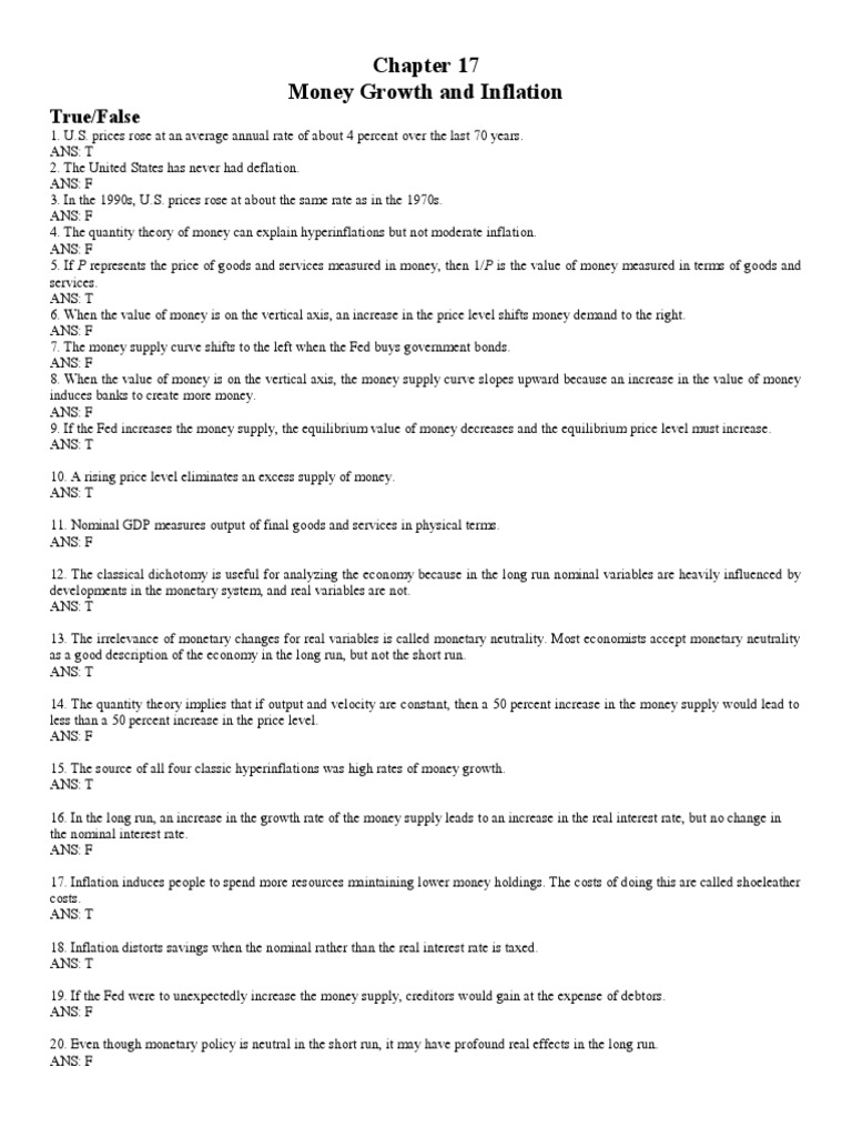 ECON 102 Chapter 17 Short Answers | PDF | Money Supply | Inflation
