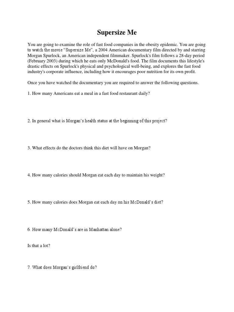 Supersize Me Questions | PDF | Eating Behaviors Of Humans | Food And Drink