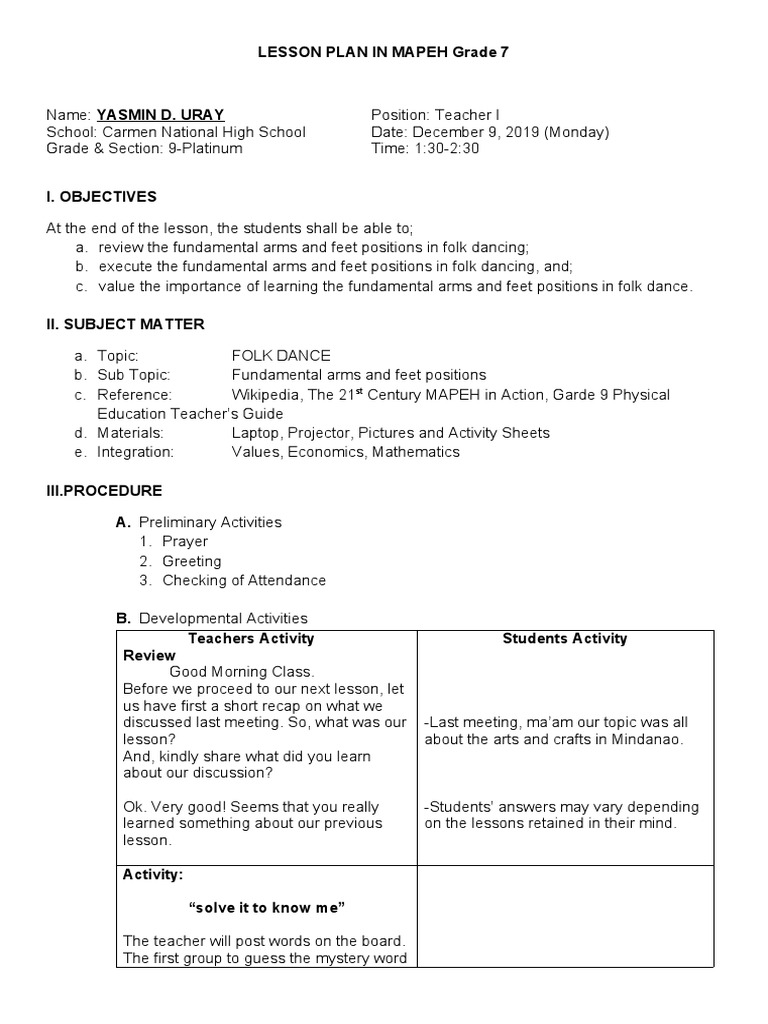 Lesson Plan in Mapeh Grade 7 | PDF | Pedagogy | Teaching