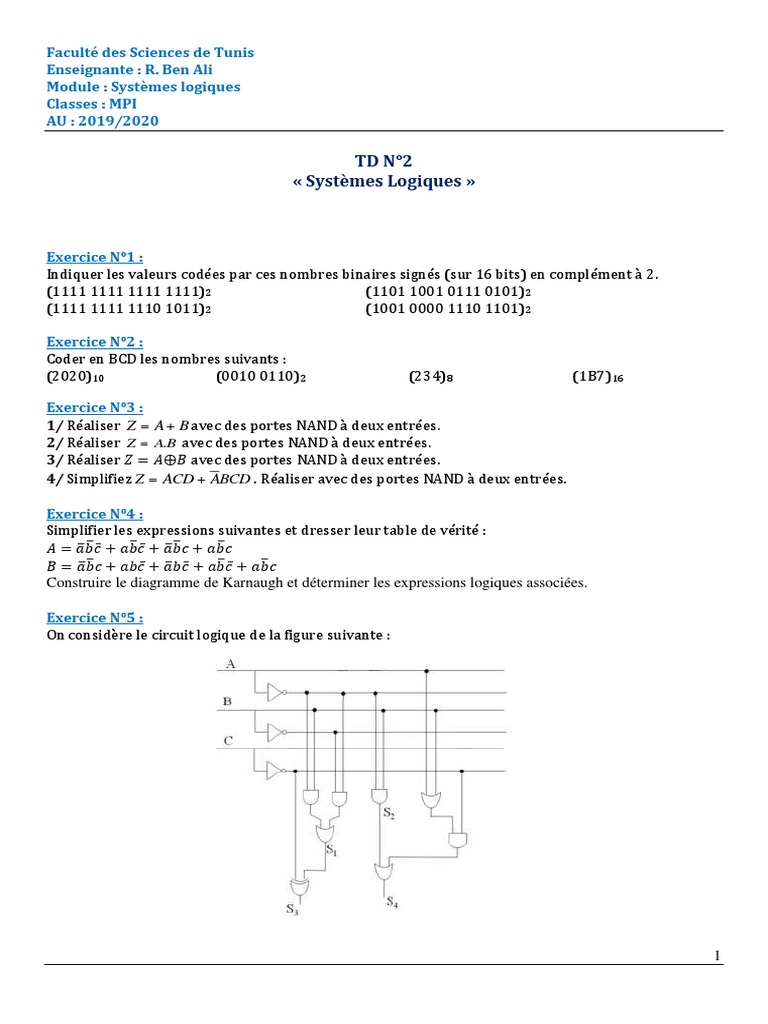 Exercices sur les Systèmes Logiques en TD | PDF | Décimal codé binaire ...