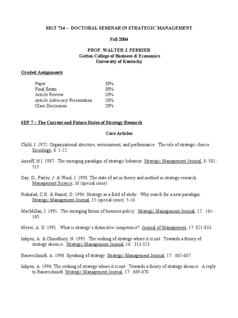 MGT 714 Ferrier Strategy Seminar Fall 2004 | Download Free PDF ...