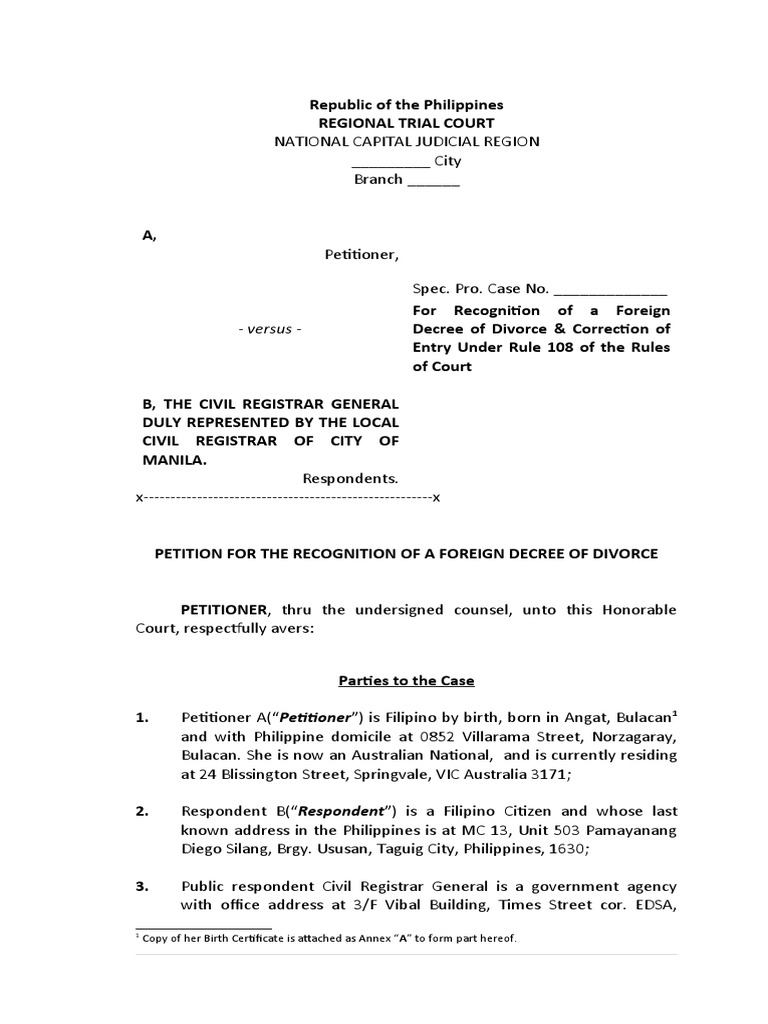 Sample Petition - Recognition of Foreign Divorce Decree | PDF | Divorce ...