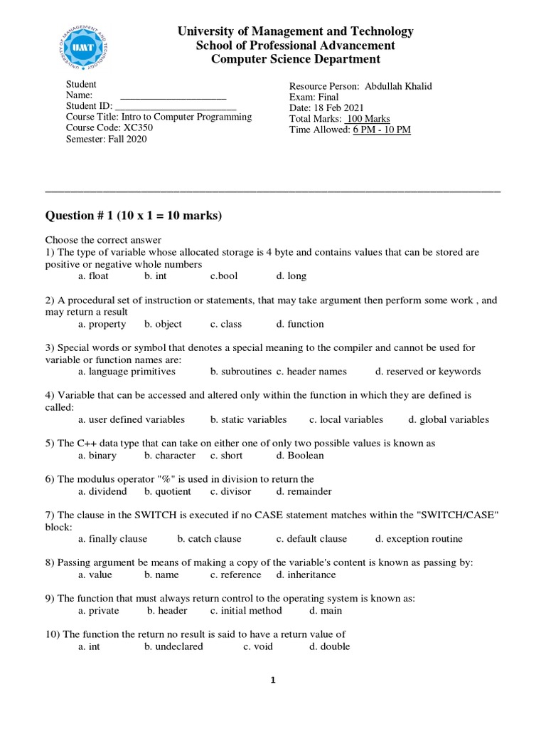 XC350 Final Exam Abdullah Khalid | PDF | C (Programming Language ...