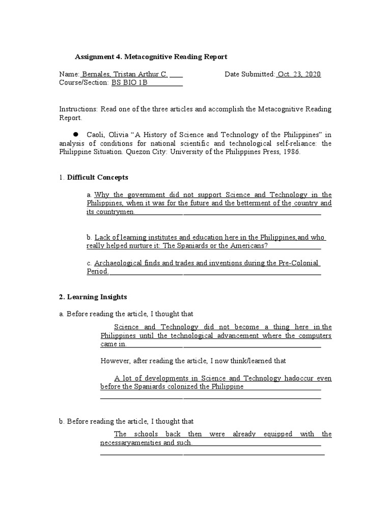Assignment 4. Metacognitive Reading Report | PDF | Philippines | Science