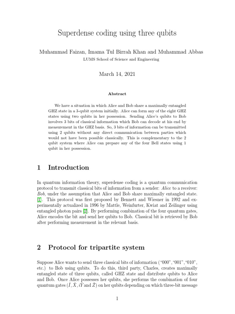 Superdense Coding Using Three Qubits | PDF | Modern Physics | Particle Physics