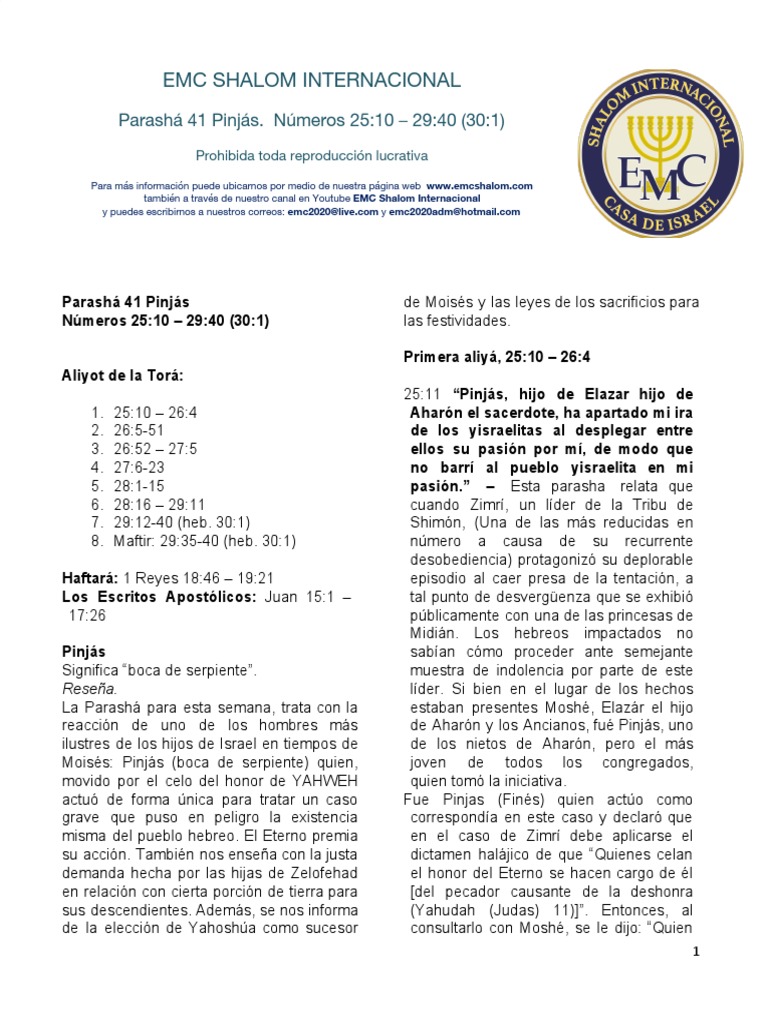 Parash - 41 - Pinjas | PDF | Moisés | Contenido bíblico