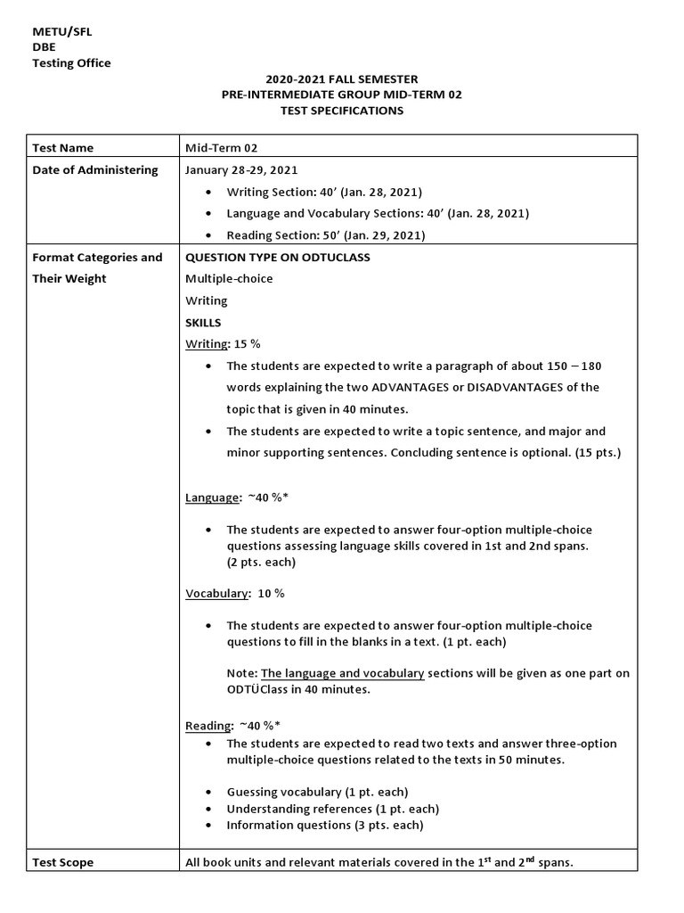 2021-01-22-PRE-INTERMEDIATE Mid-Term 02 Test Specifications | Download ...