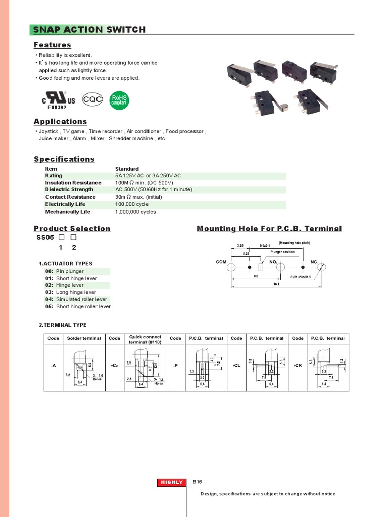 Reliable Snap Action Switch for Joysticks and Appliances: Technical Specifications and Operating ...