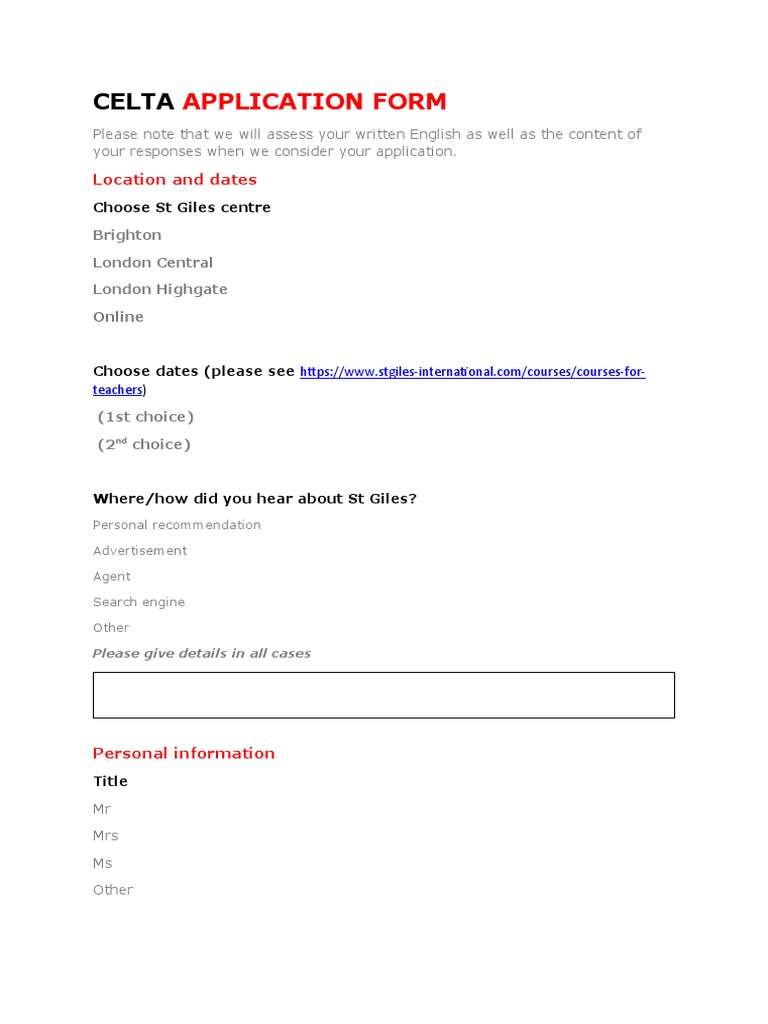 Celta: Application Form | Download Free PDF | Educational Stages