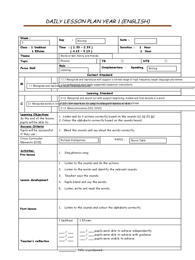 Daily Lesson Plan Year 1 (English) | PDF | Phonics | Lesson Plan