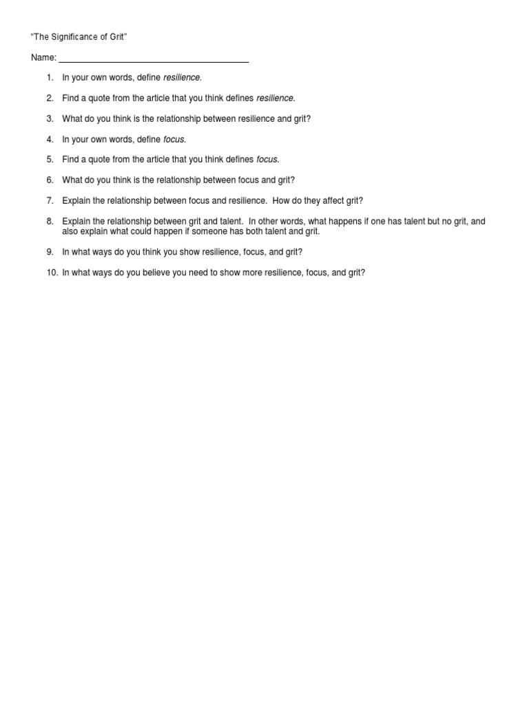 Grit Worksheet for Resilience and Focus | PDF
