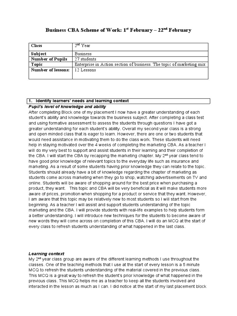 Cba Scheme of Work | PDF | Educational Assessment | Applied Psychology