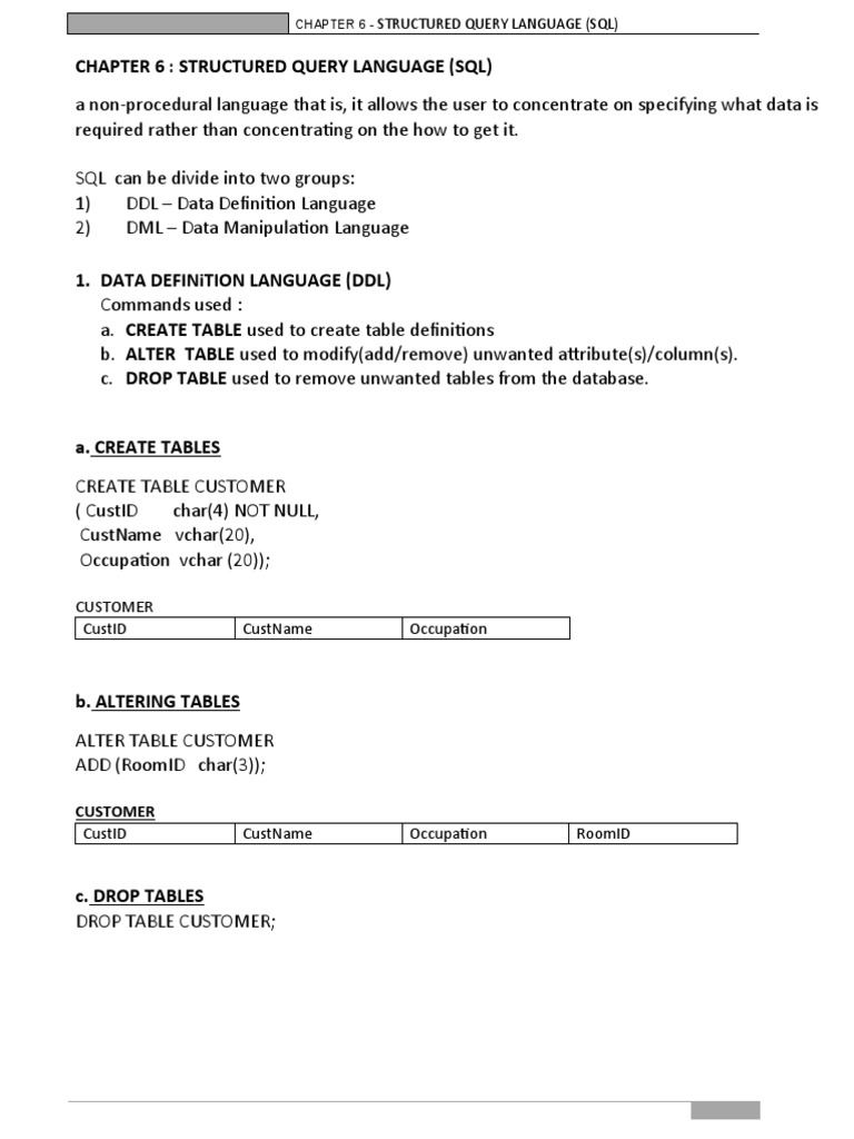 Chapter 6 Structured Query Language Sql Customer Custid Custname Occupation Pdf Sql