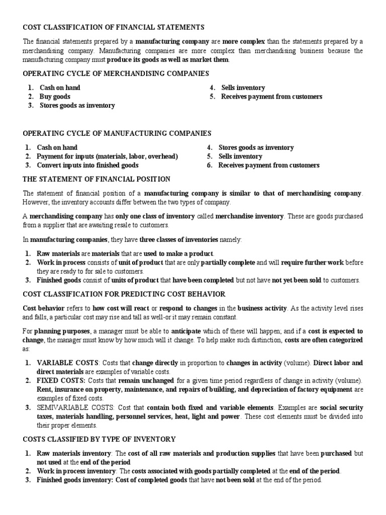 Cost Classification of Financial Statements | PDF | Merchandising ...