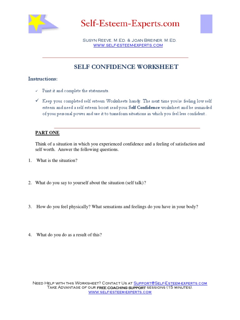 Self Confidence Worksheet: Instructions | PDF | Self Esteem | Applied ...
