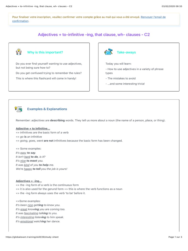 Adjectives + To-Infinitive - Ing, That Clause, WH - Clauses - C2 | PDF | Clause | Verb