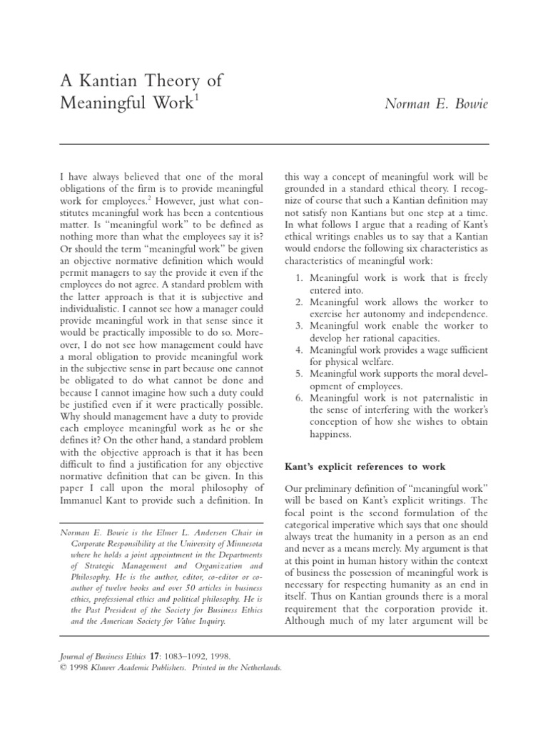 A Kantian Theory of Meaningful Work | PDF | Immanuel Kant | Autonomy
