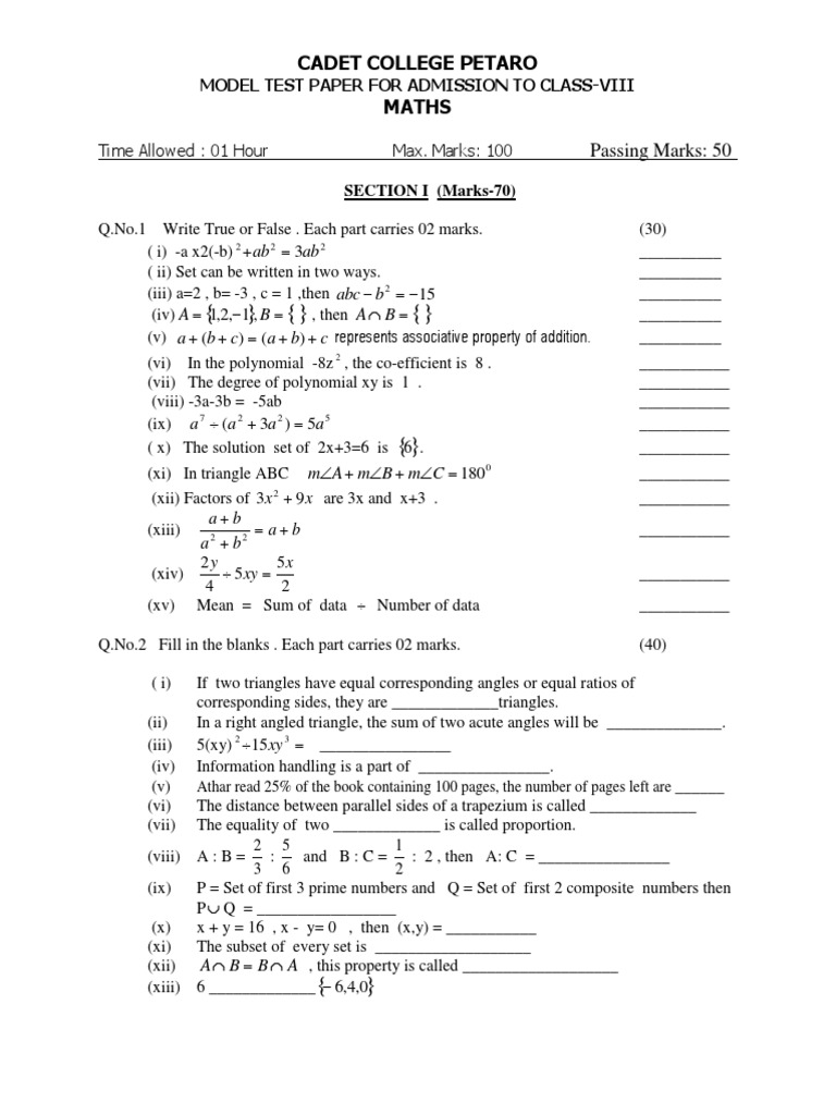 Cadet College Petaro Maths: Model Test Paper For Admission To Class ...