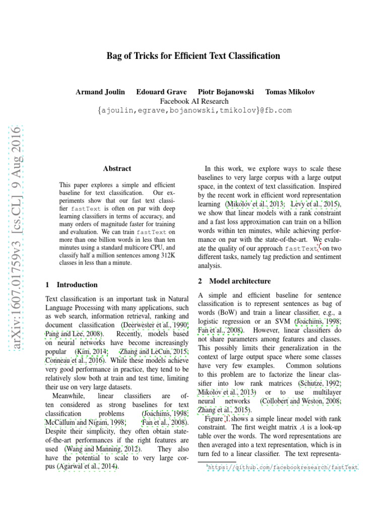 Bag of Tricks For Efficient Text Classification: Armand Joulin Edouard Grave Piotr Bojanowski ...