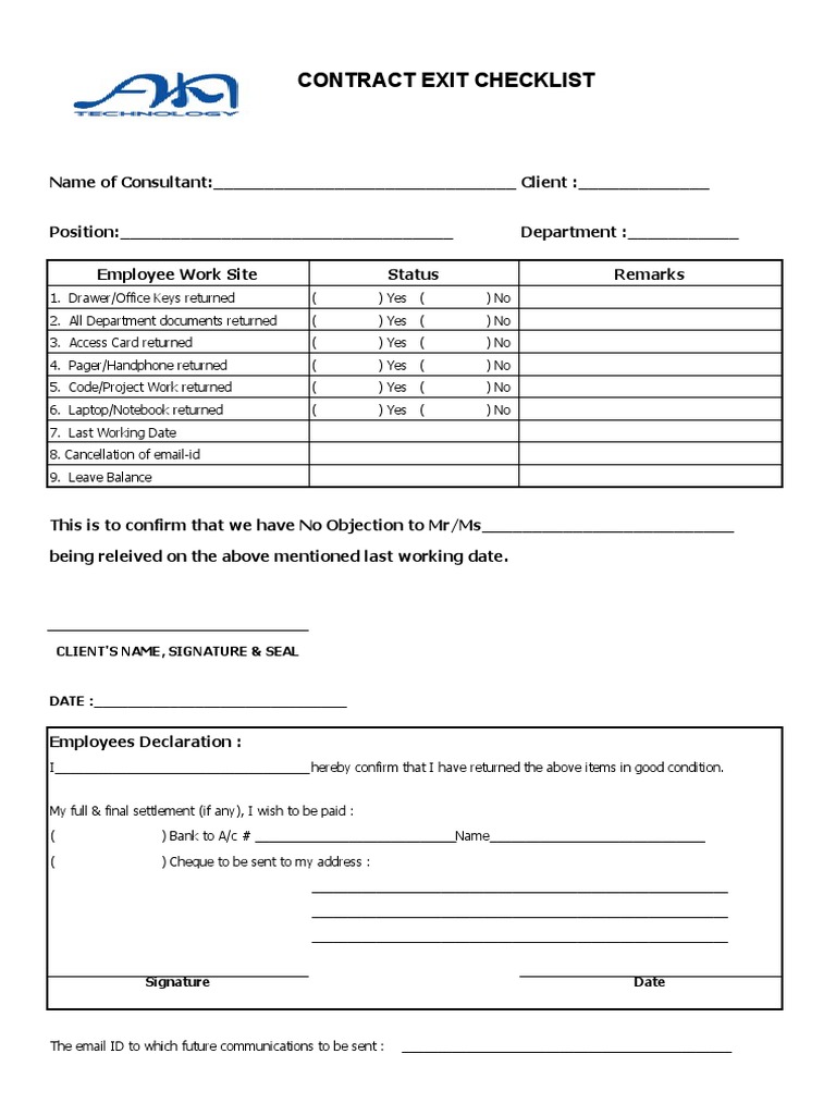 Contract Exit Checklist: Client'S Name, Signature & Seal | PDF